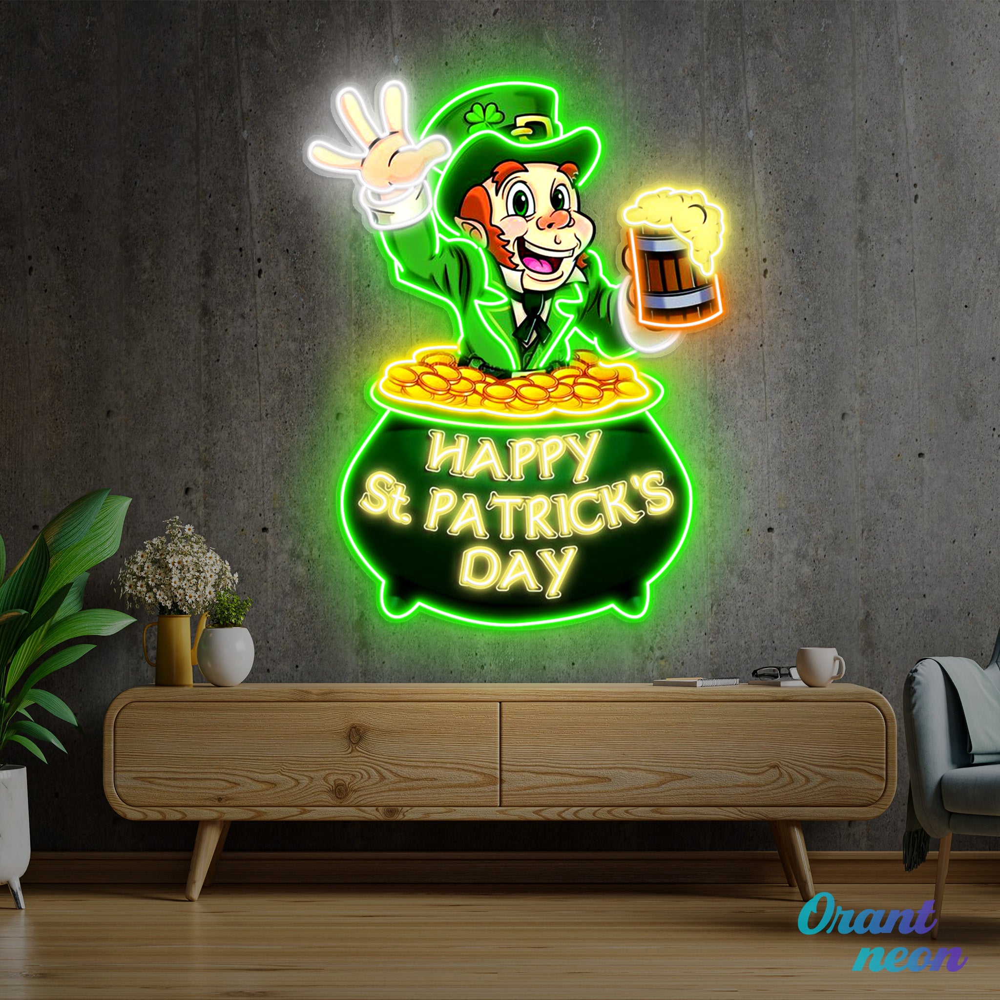 Patrick's Day Goblin Holding Beer In Money Valley Led Neon Acrylic Art