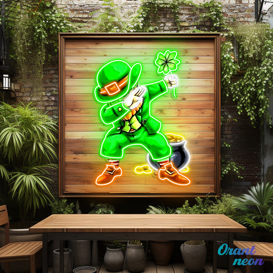 Patrick's Day Goblin Do A Dab and Hold A Four Leaf Clover Led Neon Acr
