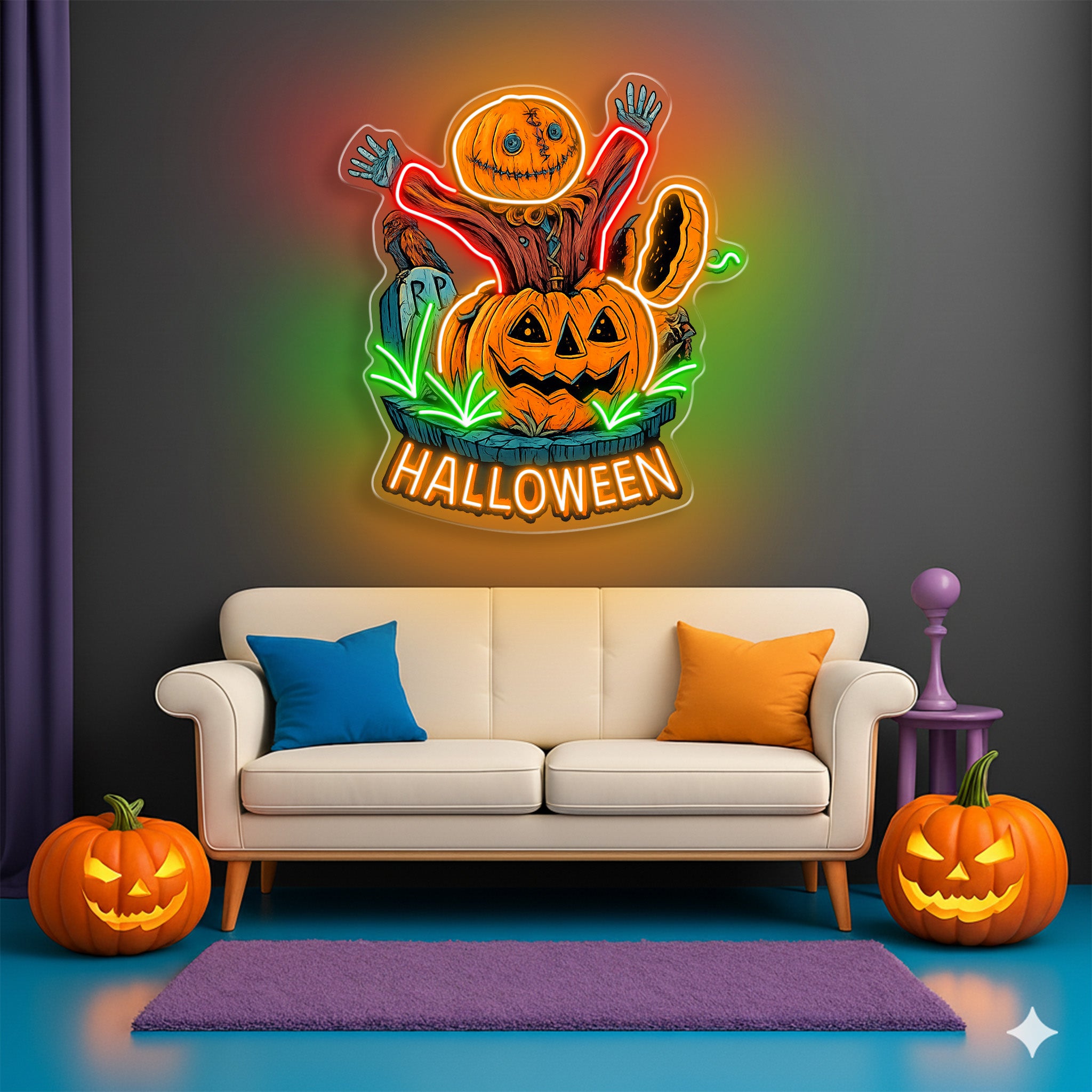 Halloween Pumpkin Scarecrow Neon Sign – Spooky LED Wall Light for Haun