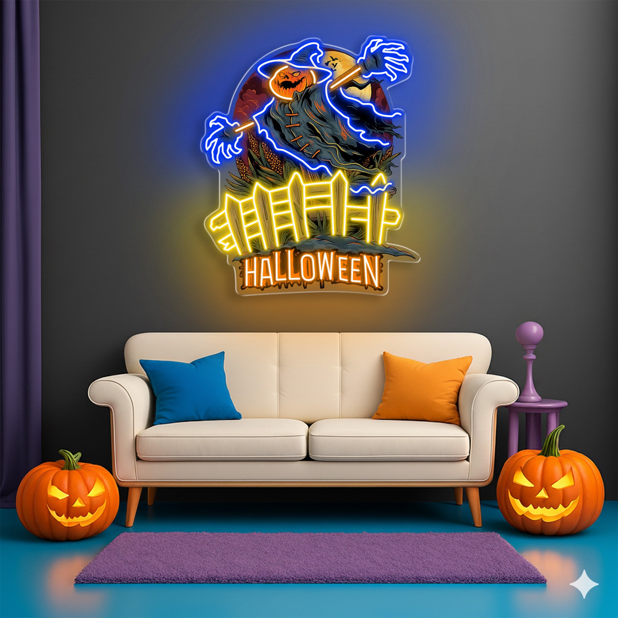 Scary Pumpkin Scarecrow Neon Sign – Halloween LED Wall Light for Spook