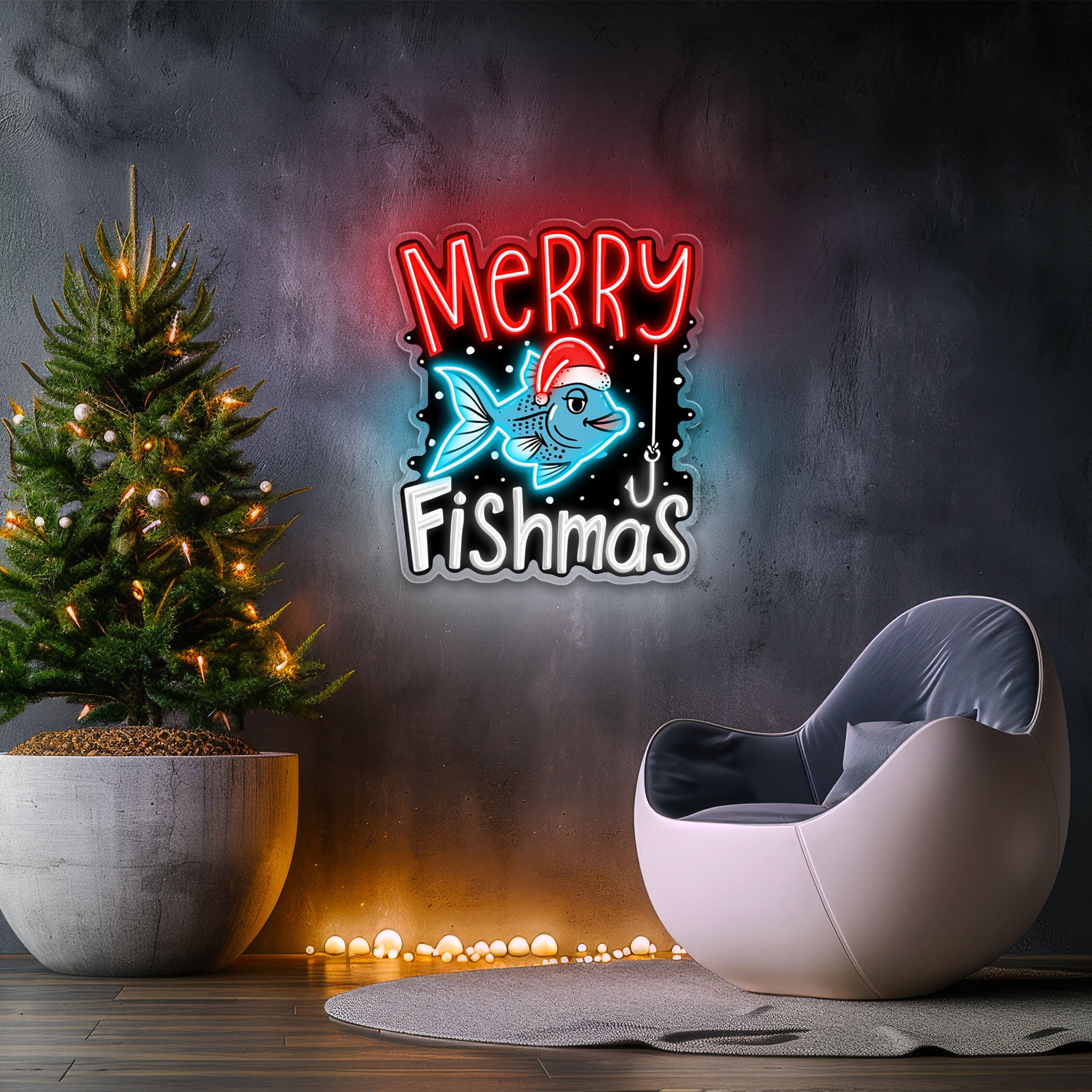 🎣 Merry Fishmas LED Neon Sign – Funny Christmas Fishing Wall Light for