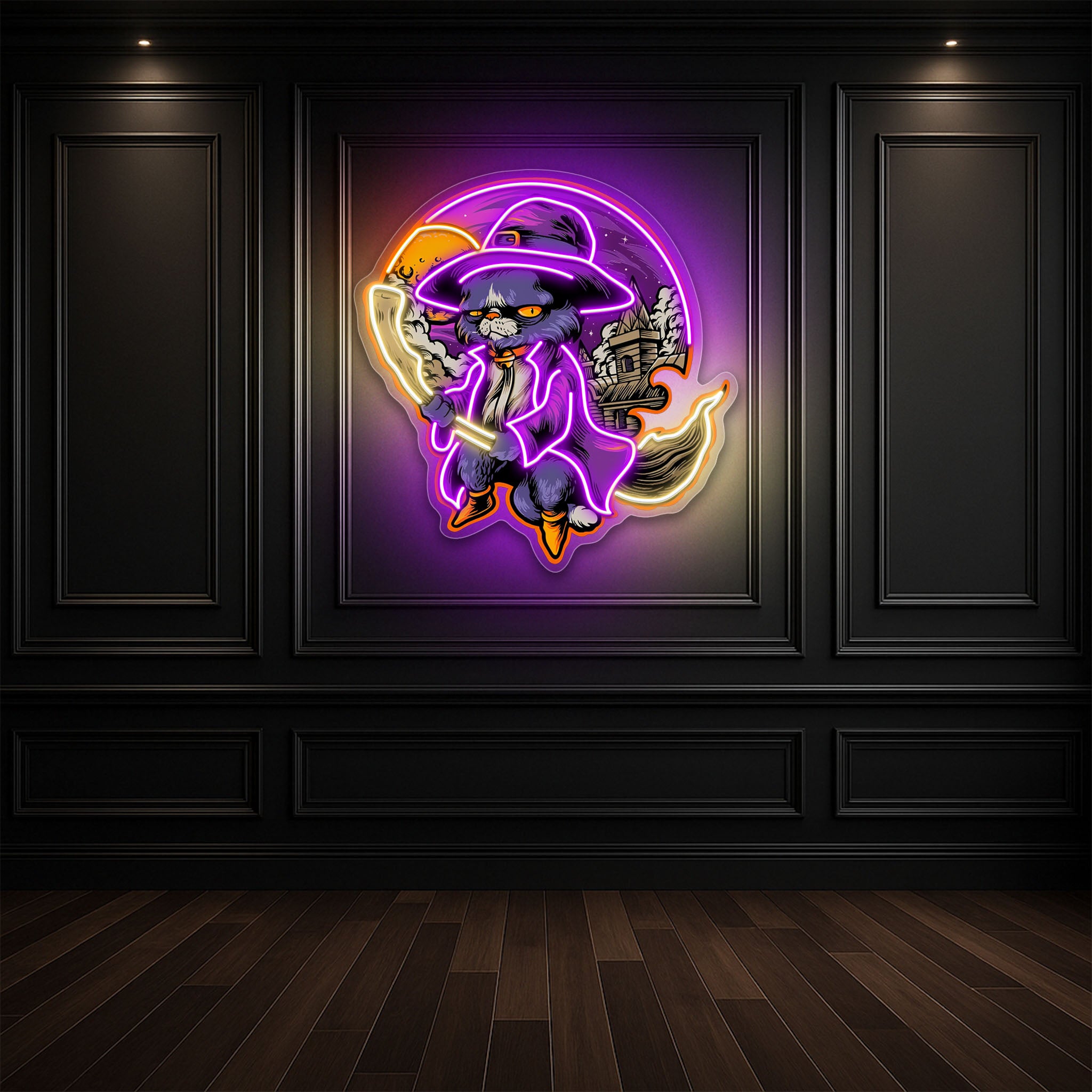 Black Cat Witch Neon Sign – Halloween LED Wall Light for Spooky Home