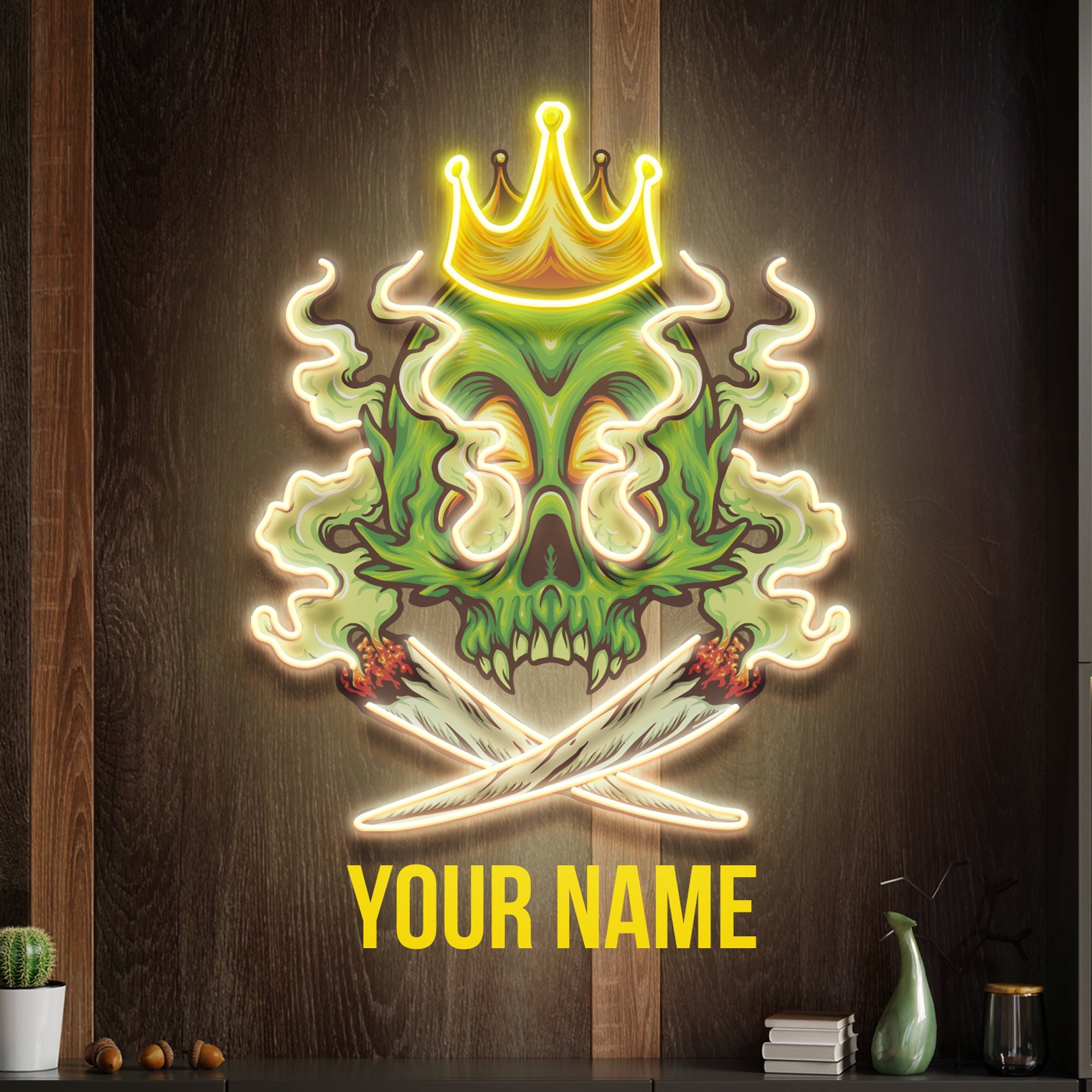 Custom Name King Skull Cannabis Weed Smoking Artwork Led Neon Sign Lig