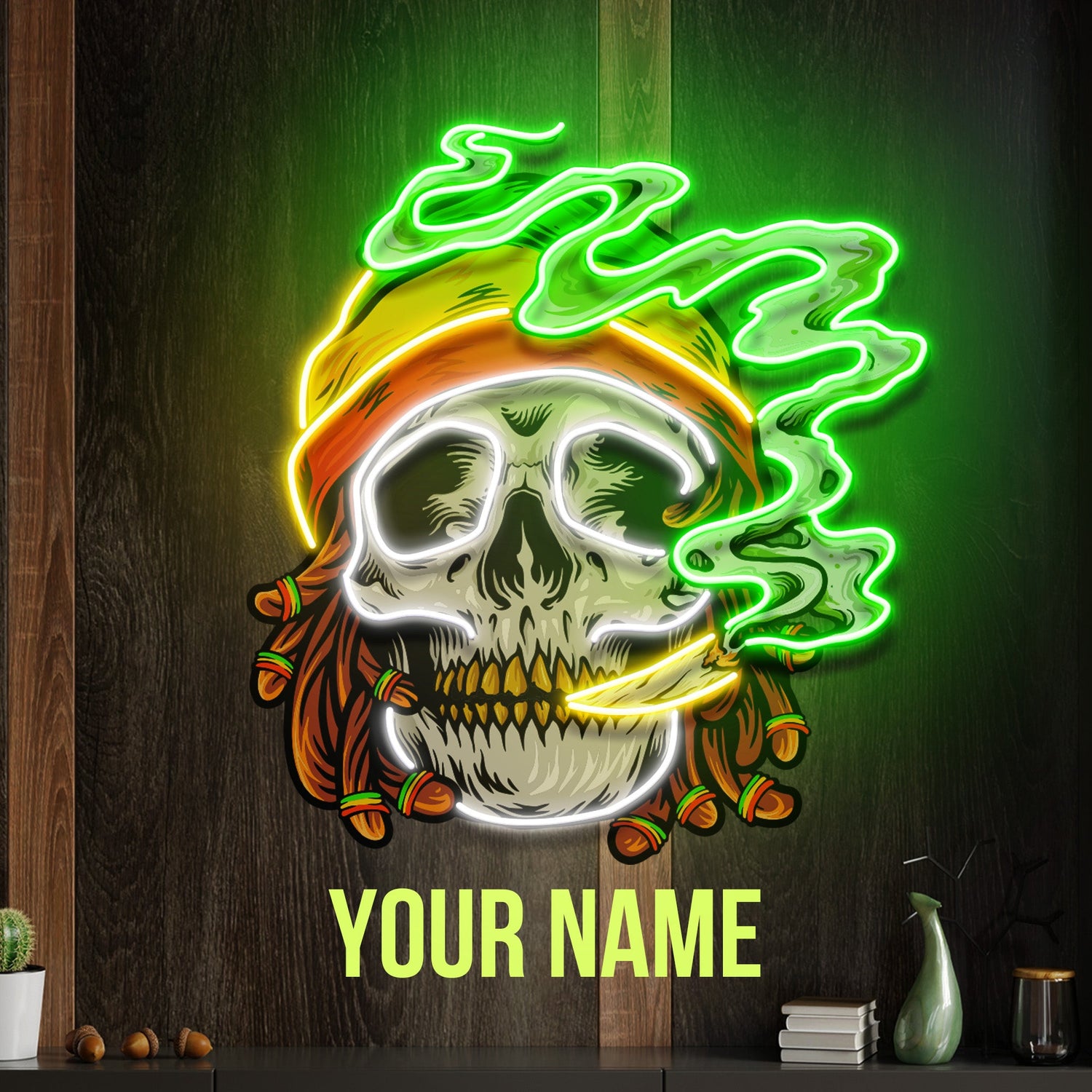 Custom Name Weed Skull Smoke Cannabis Jamaican Artwork Led Neon Sign L