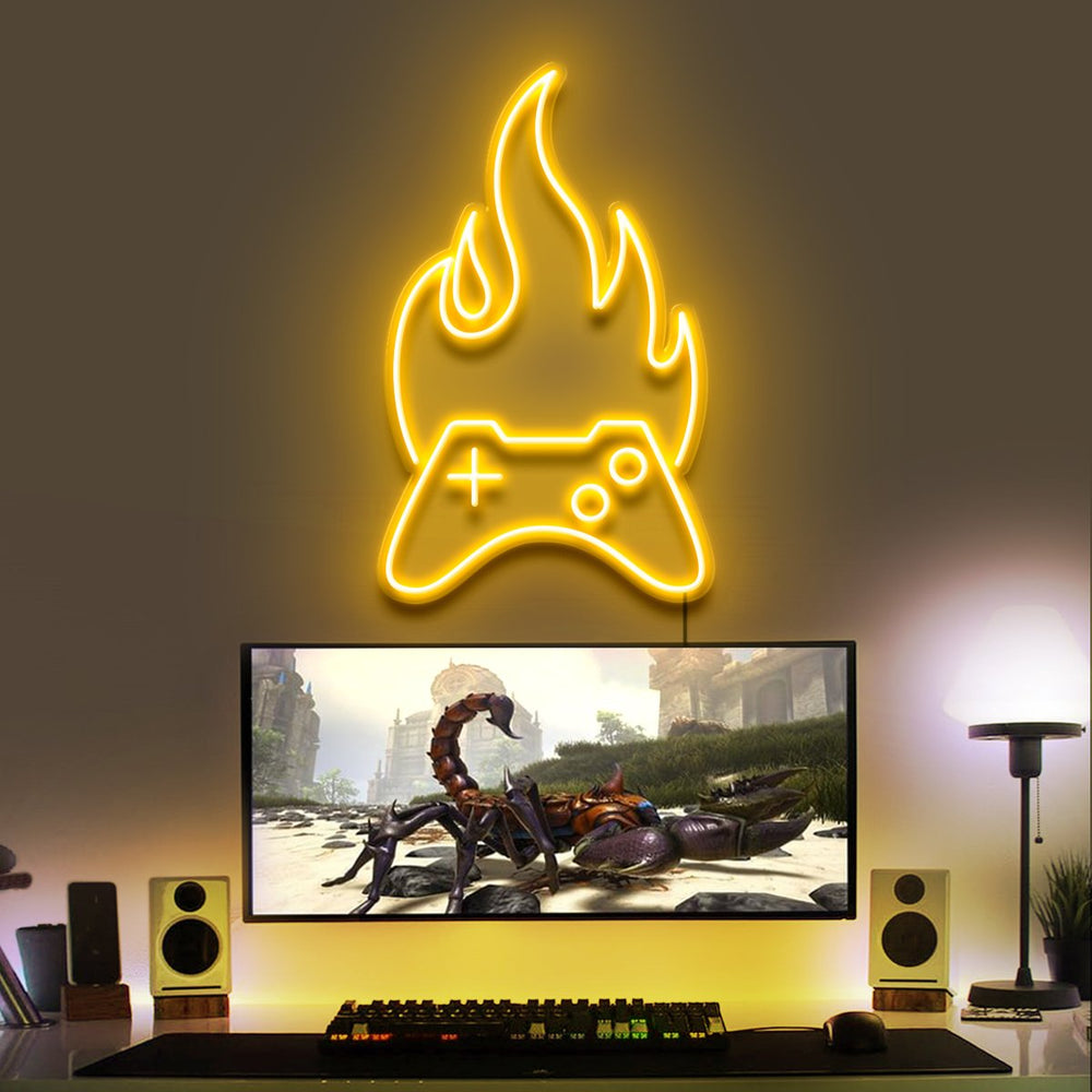 Fire up your game with the "Controller On Fire" gaming neon sign