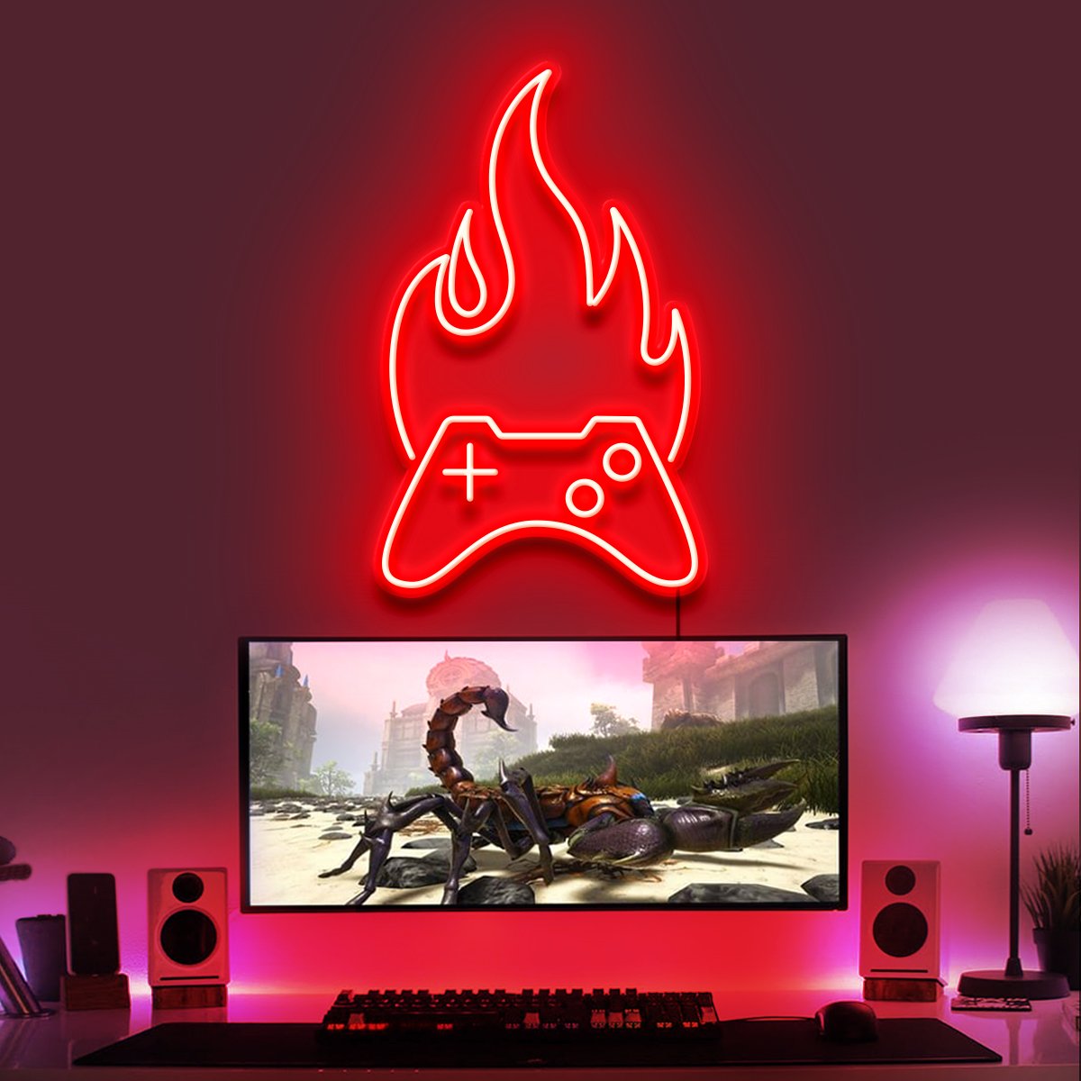 Fire up your game with the "Controller On Fire" gaming neon sign