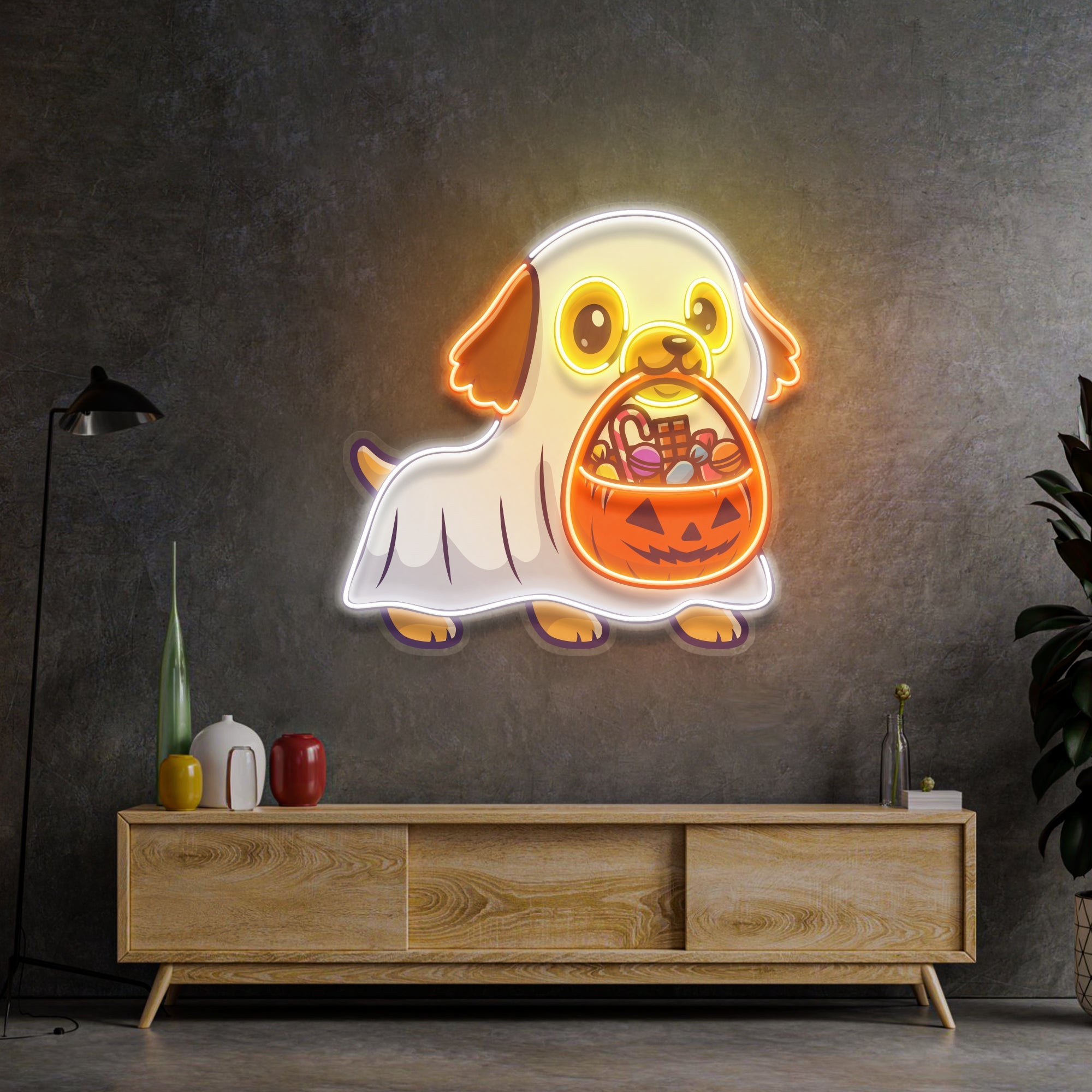 Ghost Dog With Pumpkin LED Neon Sign Light Pop Art