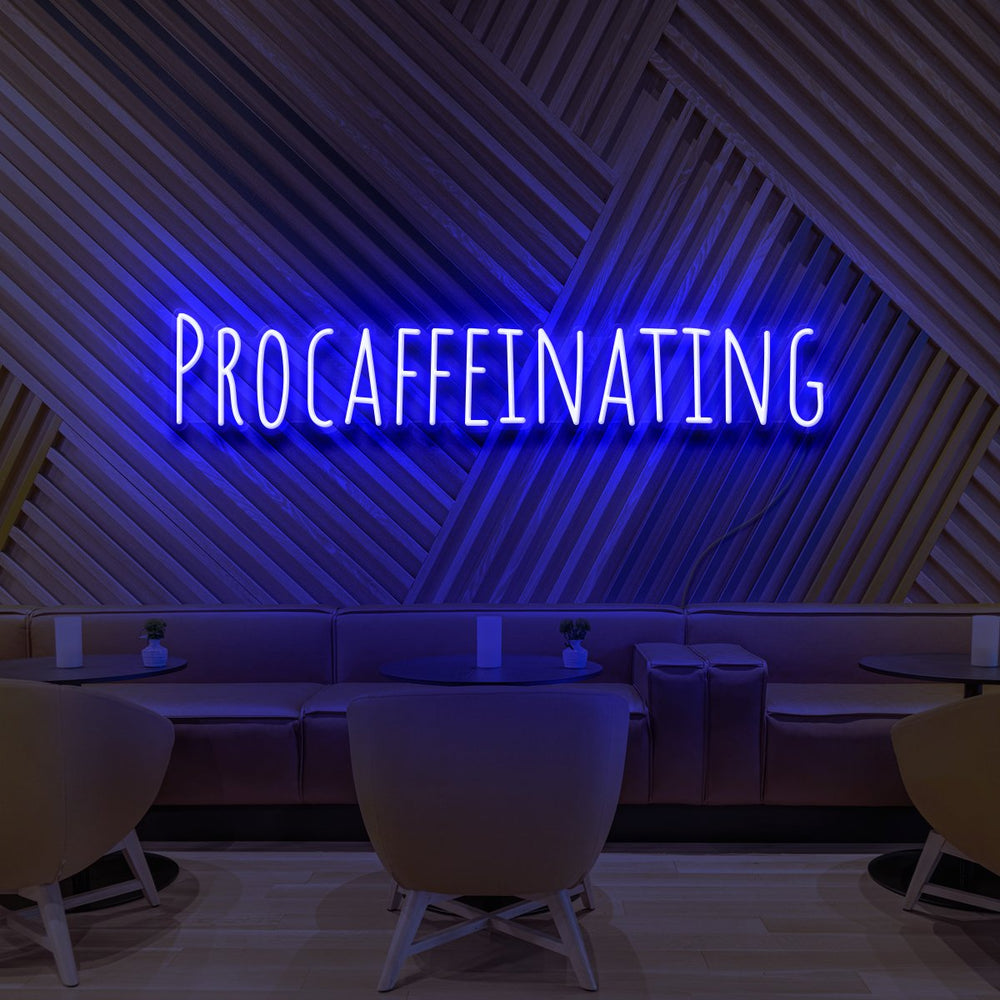 Brilliantly shining "Procaffeinating" neon sign for Cafes